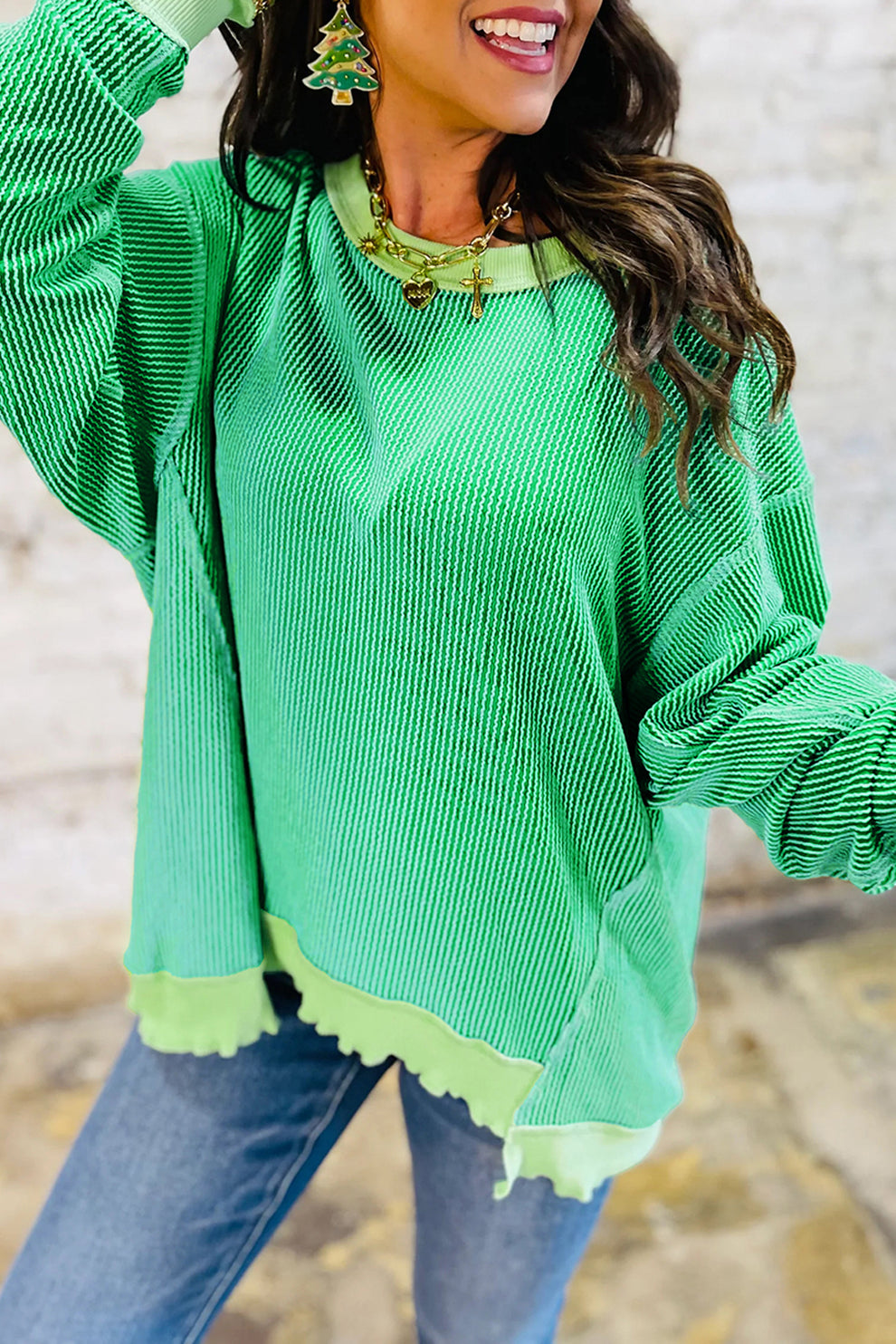 Bright Green Twisted Rib Uneven Hem Drop Shoulder Loose Knit Top ...