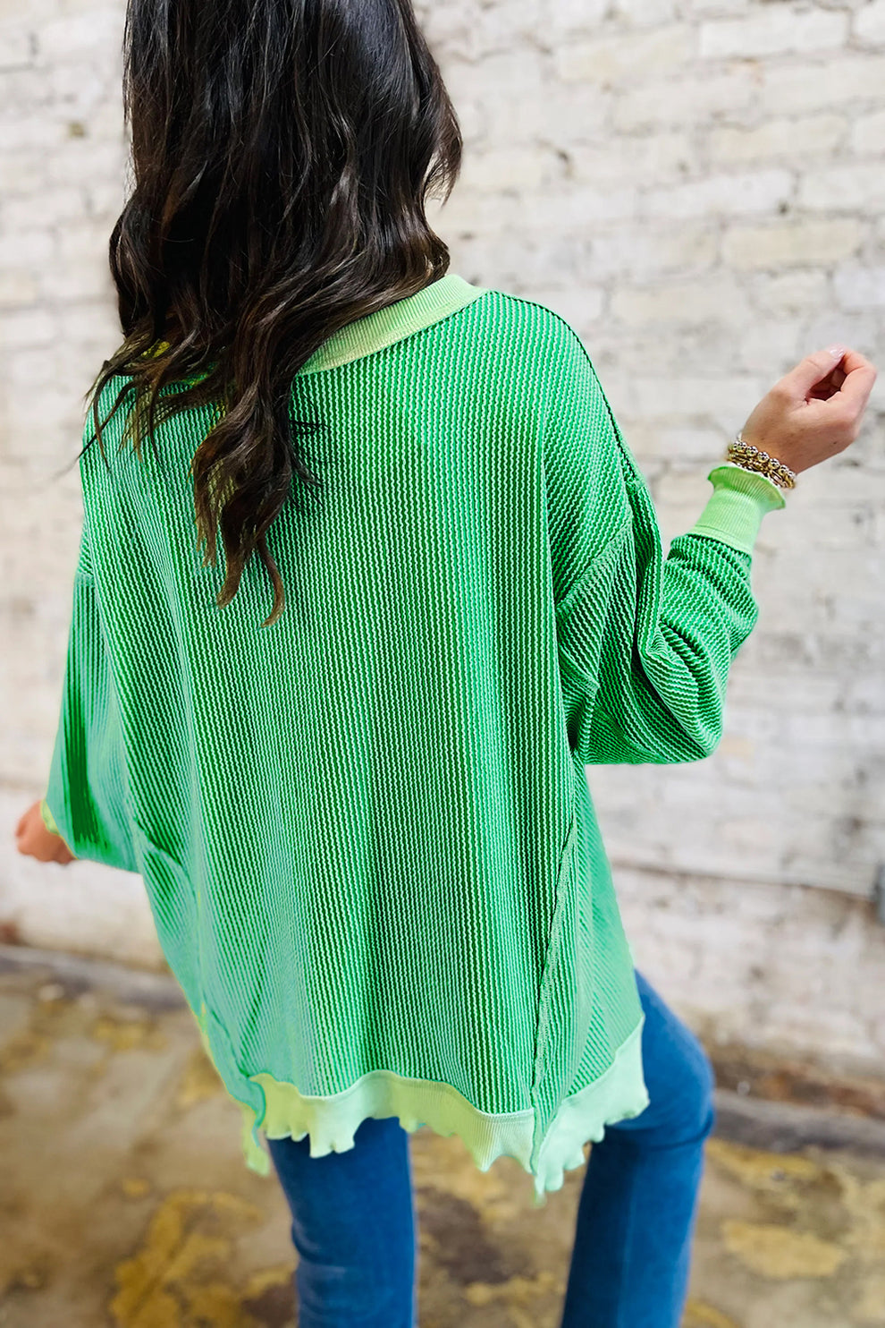 Bright Green Twisted Rib Uneven Hem Drop Shoulder Loose Knit Top ...