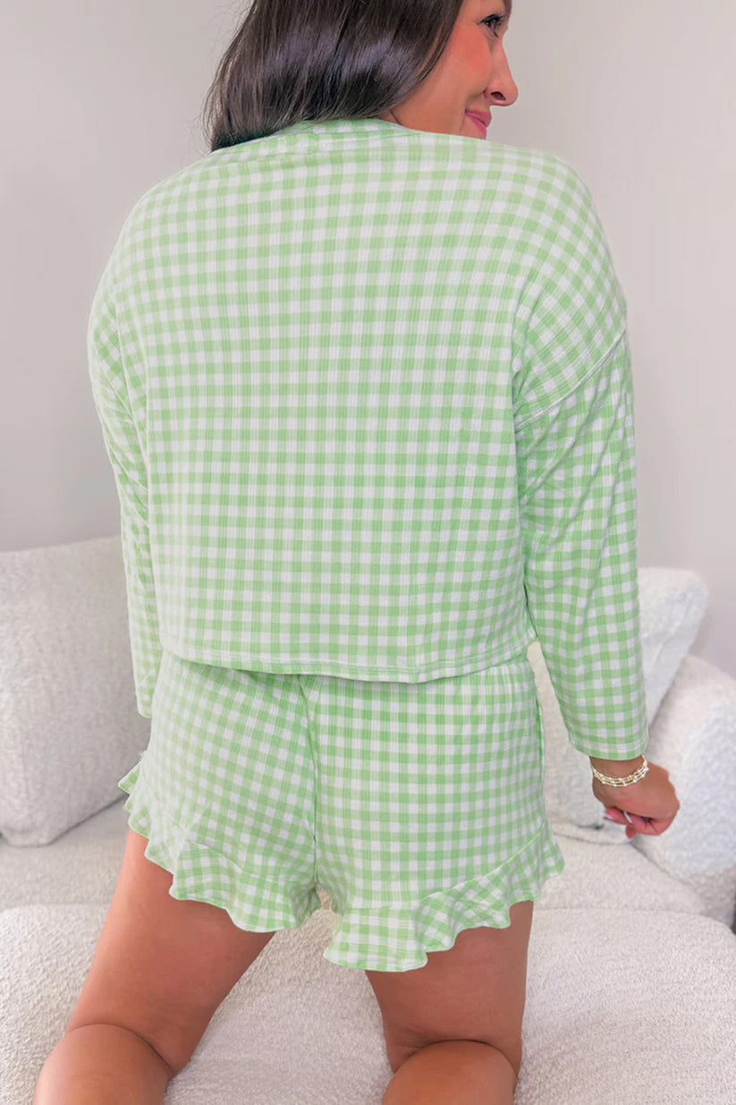 Green Gingham Long Sleeve Loose Top Drawstring Shorts 2pcs Lounge Set ...