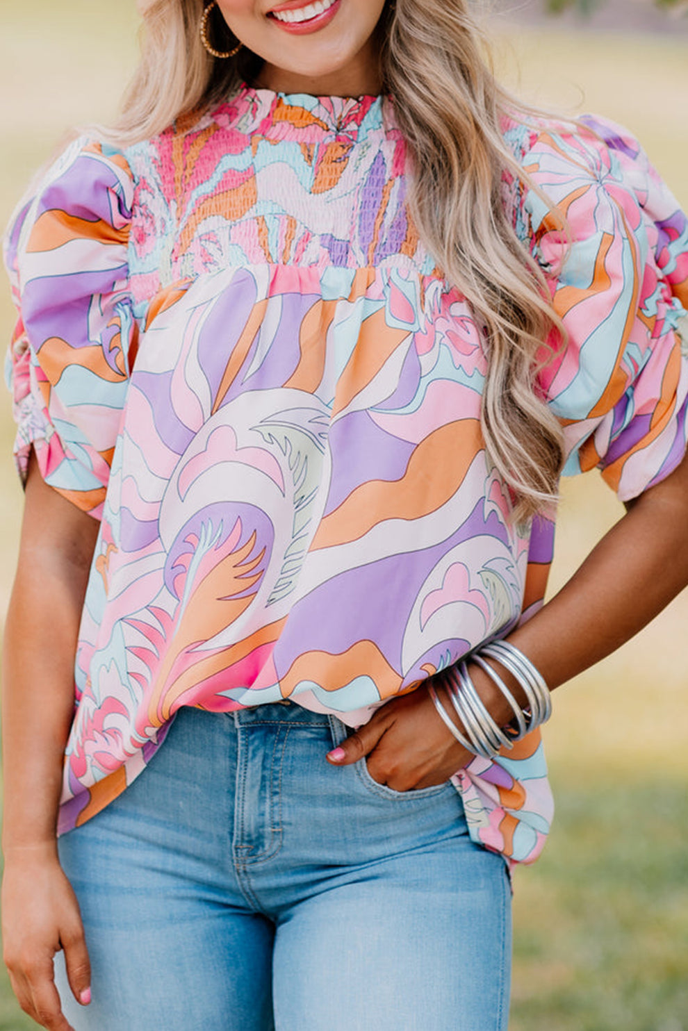 Pink Abstract Print Bubble Sleeve Smock Detail Blouse – HannaBanna Clothing